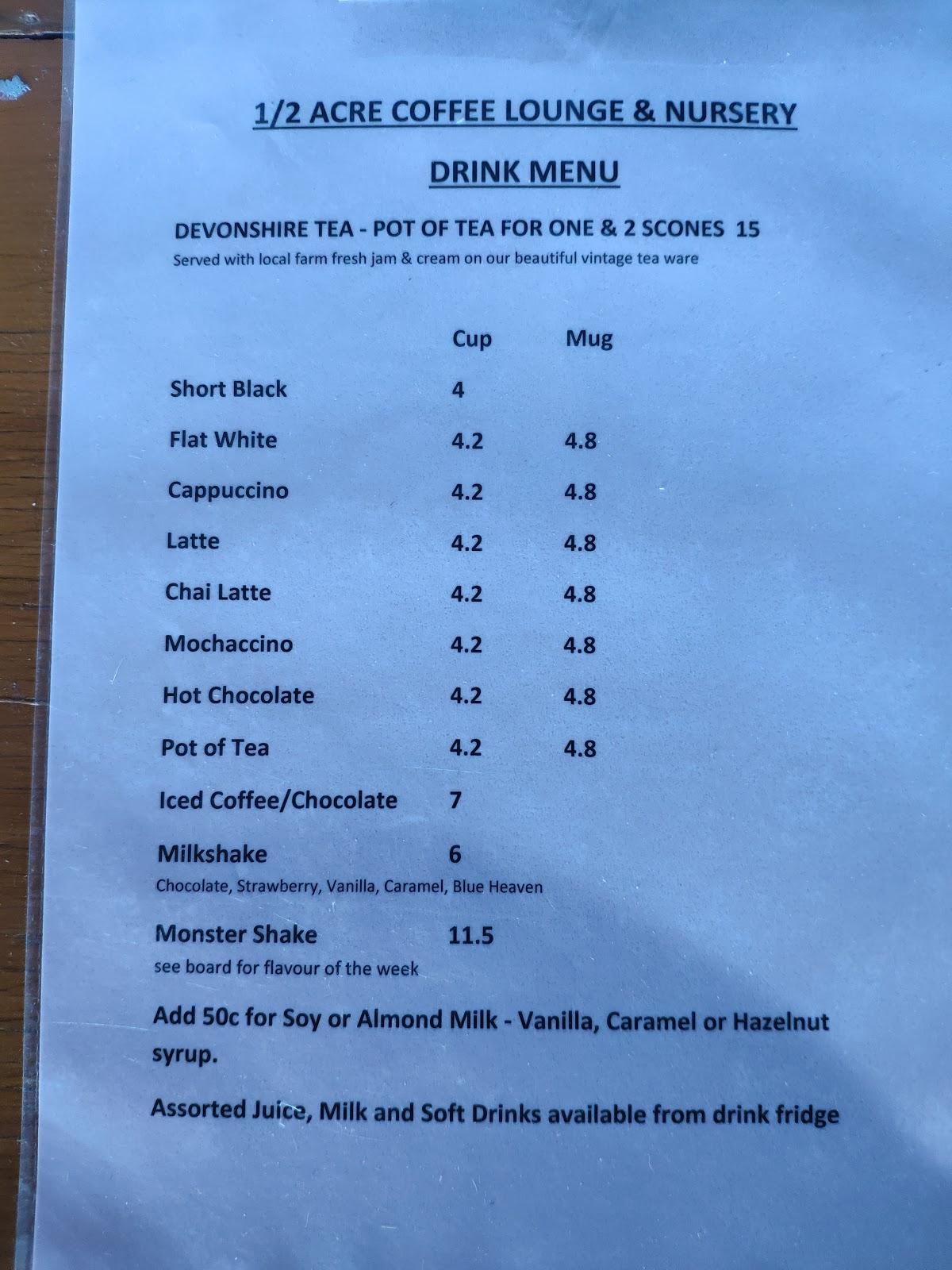Menu at 1/2 Acre Coffee Lounge Cafe, Howlong