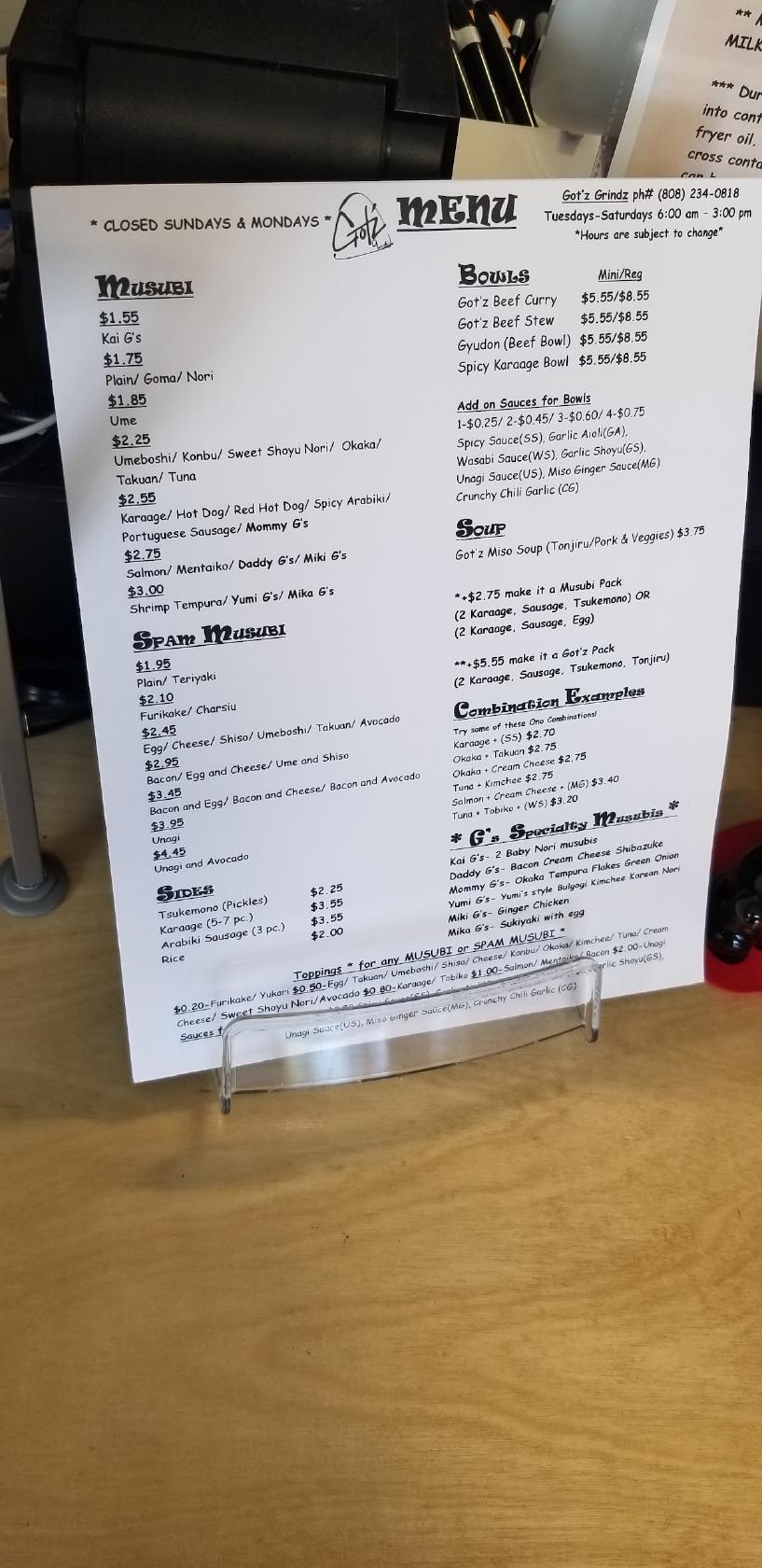 Menu at Got'z Grindz restaurant, Kaneohe