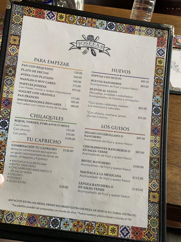 Menu at Josefa's desayunador restaurant, Culiacán