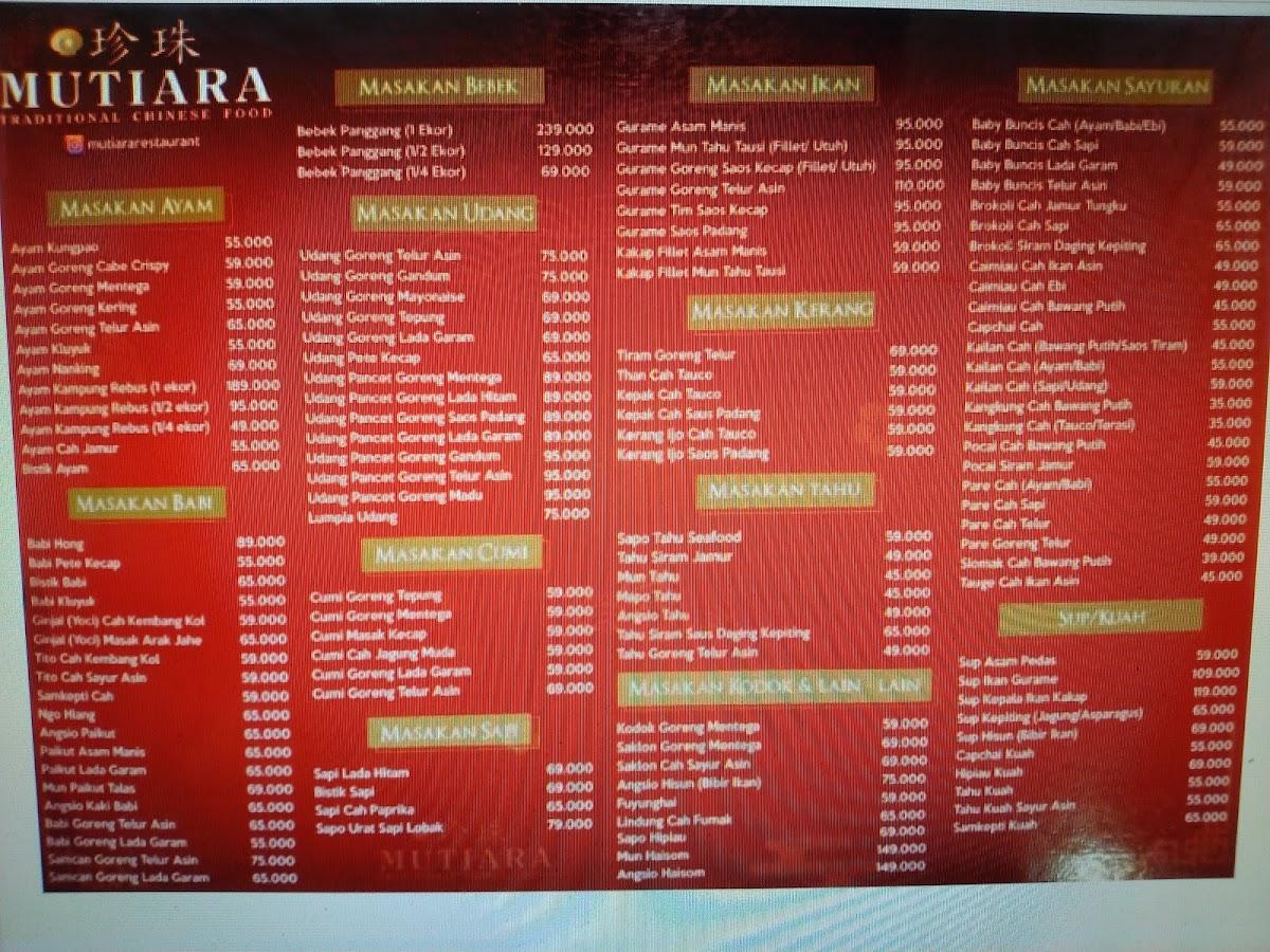 Menu at Mutiara - Traditional Chinese Food restaurant, West Jakarta