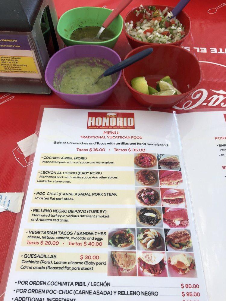 Menu at Taqueria Honorio restaurant, Tulum