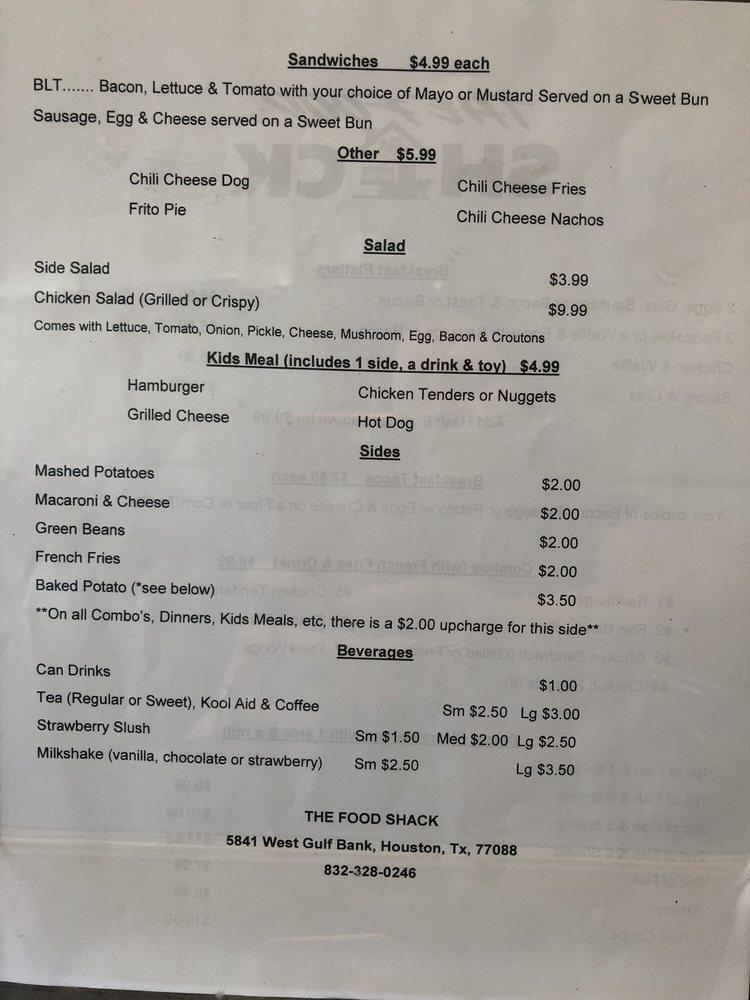Menu at The Food Shack restaurant, Houston