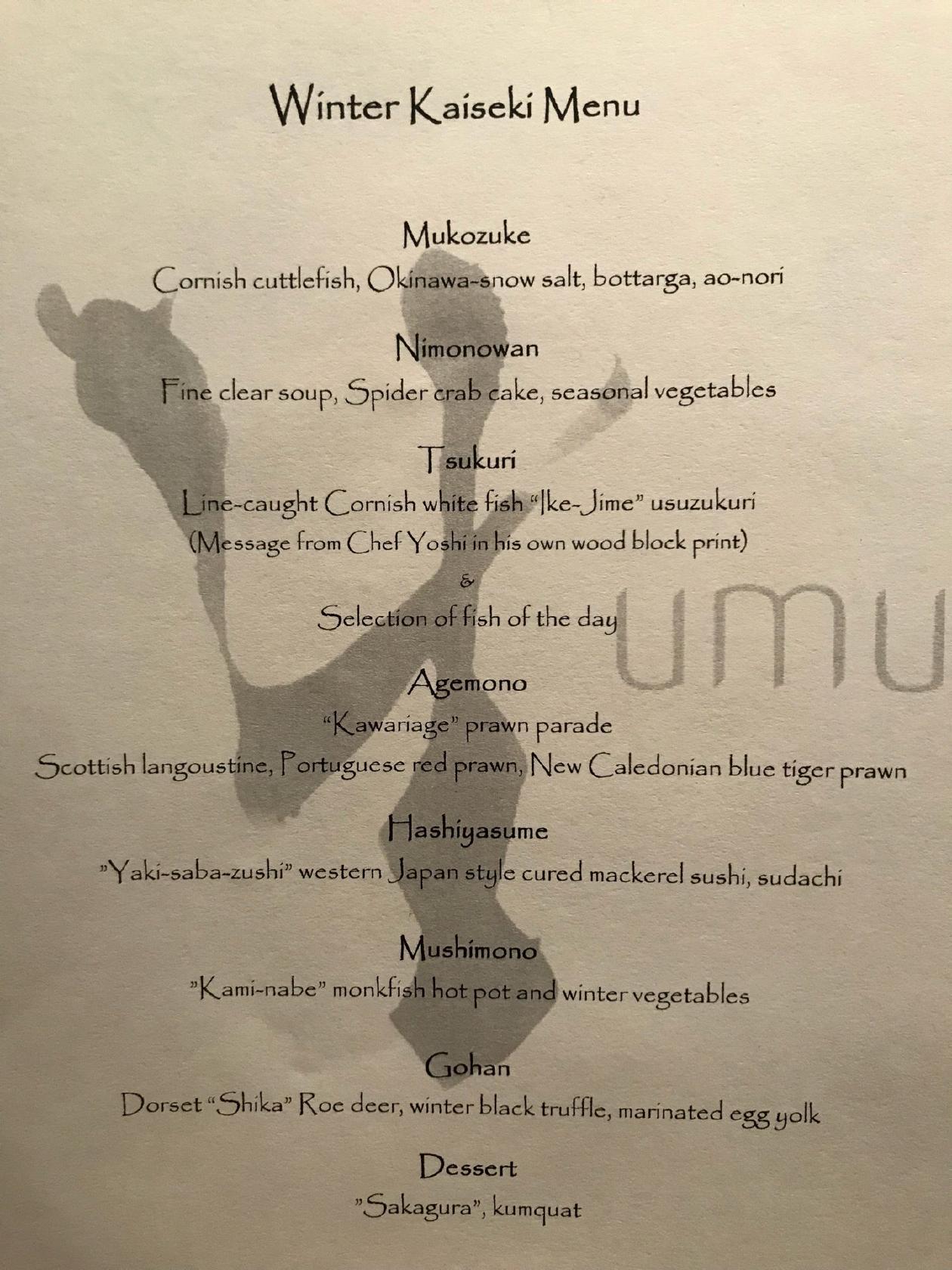 Menu at Umu Restaurant, London