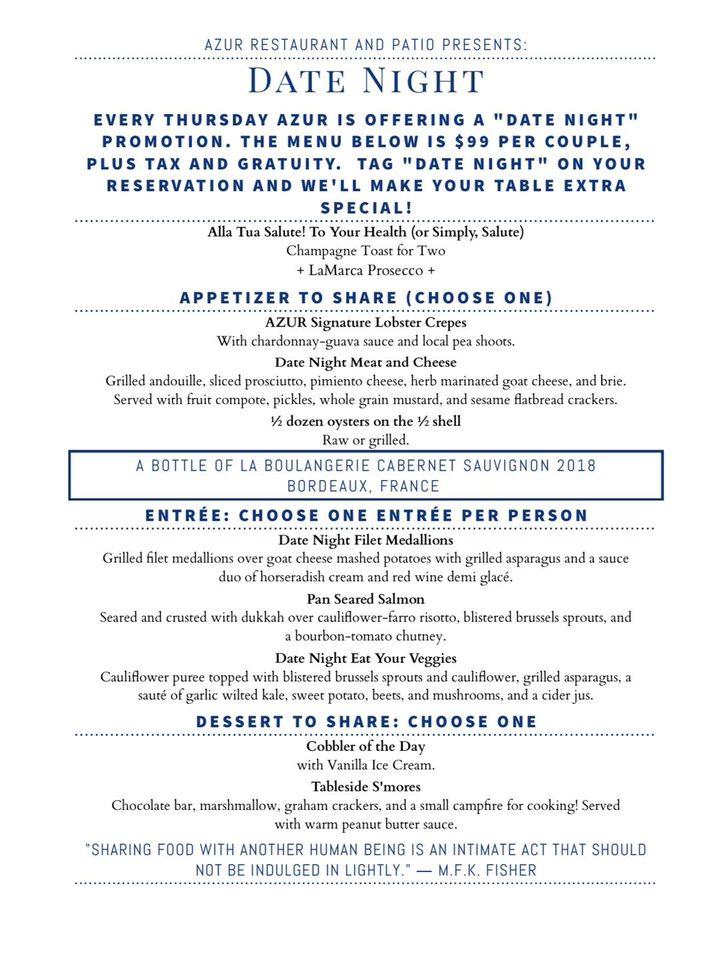 Menu at Azur Restaurant and Patio, Lexington
