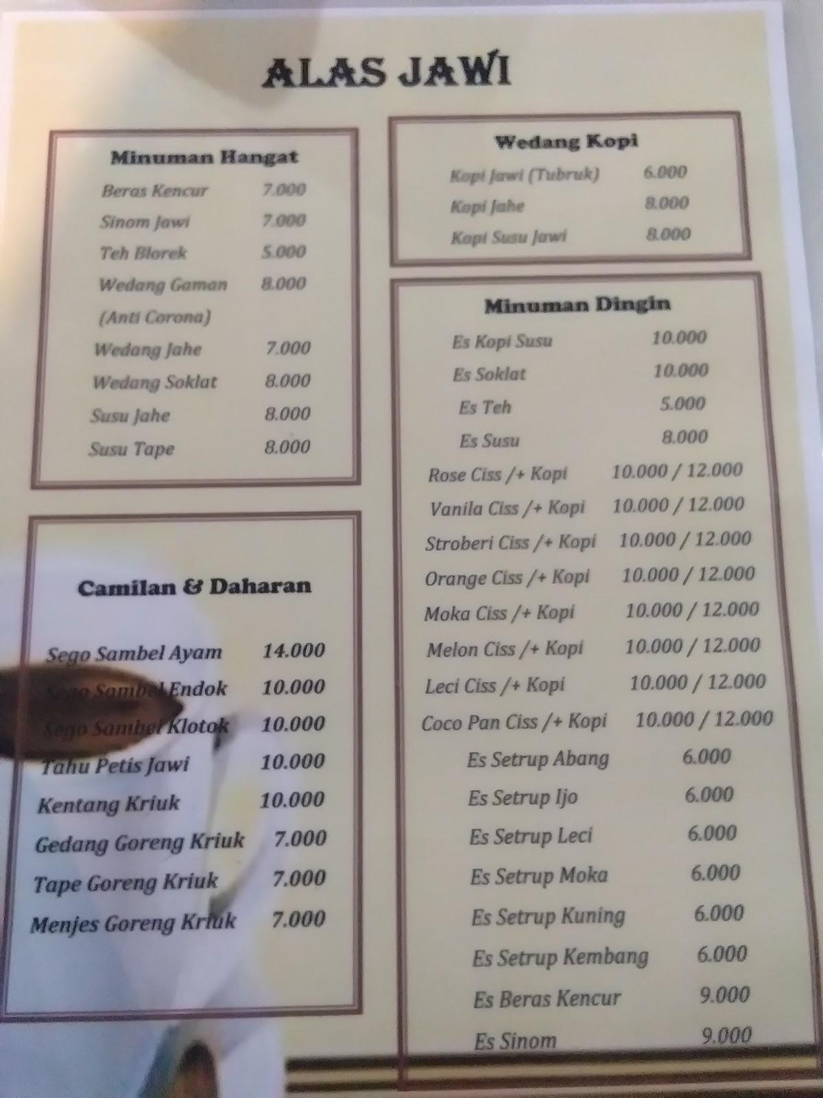 Menu at Alas Jawi Cafe, Lumajang