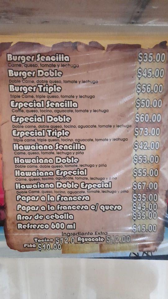 Menu at Aloha Burger restaurant, Chihuahua