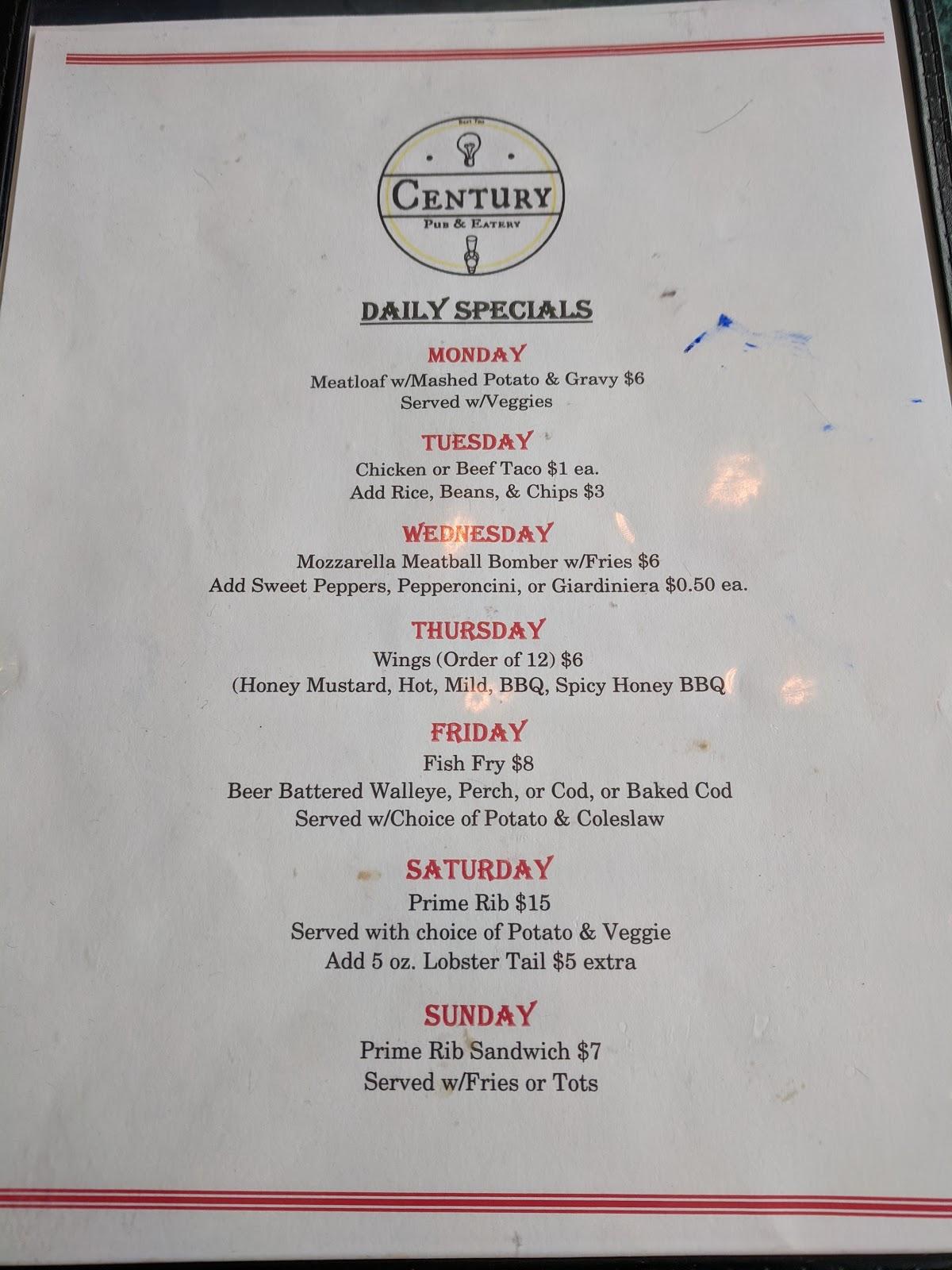 Menu at Century Pub and Eatery, Kenosha