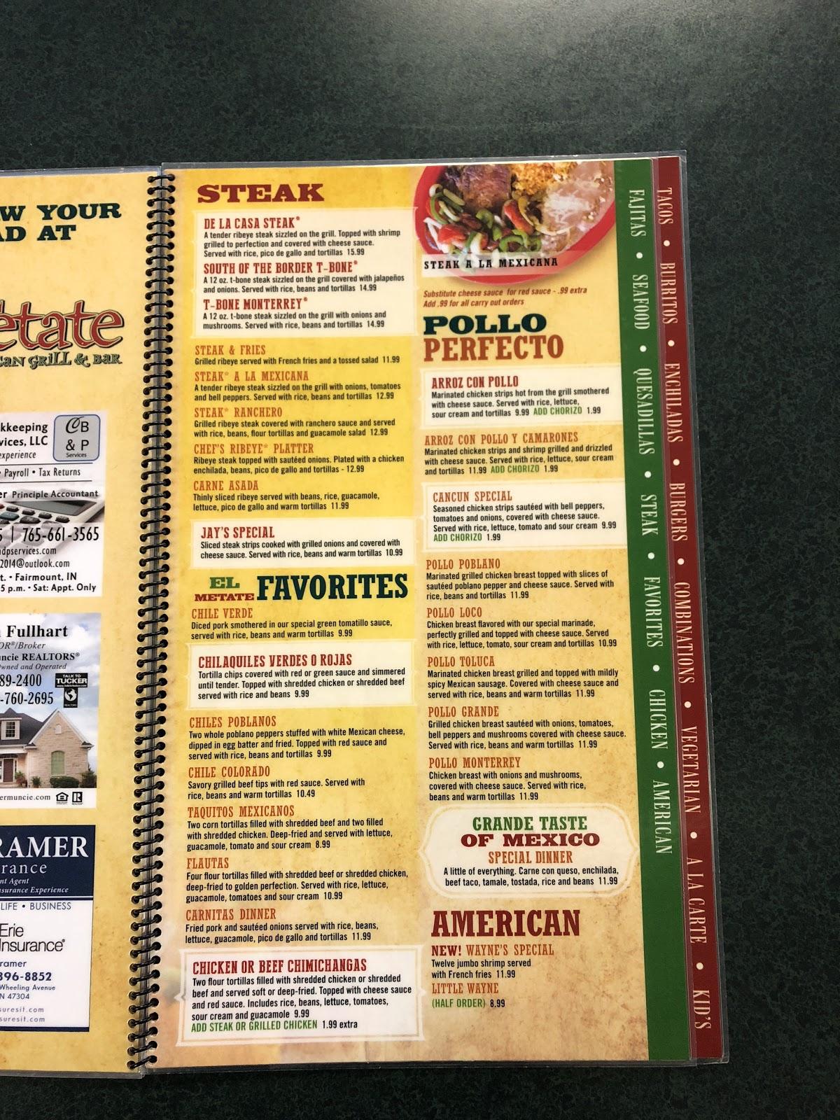 Menu at El Metate Mexican Grill & Bar, Fairmount