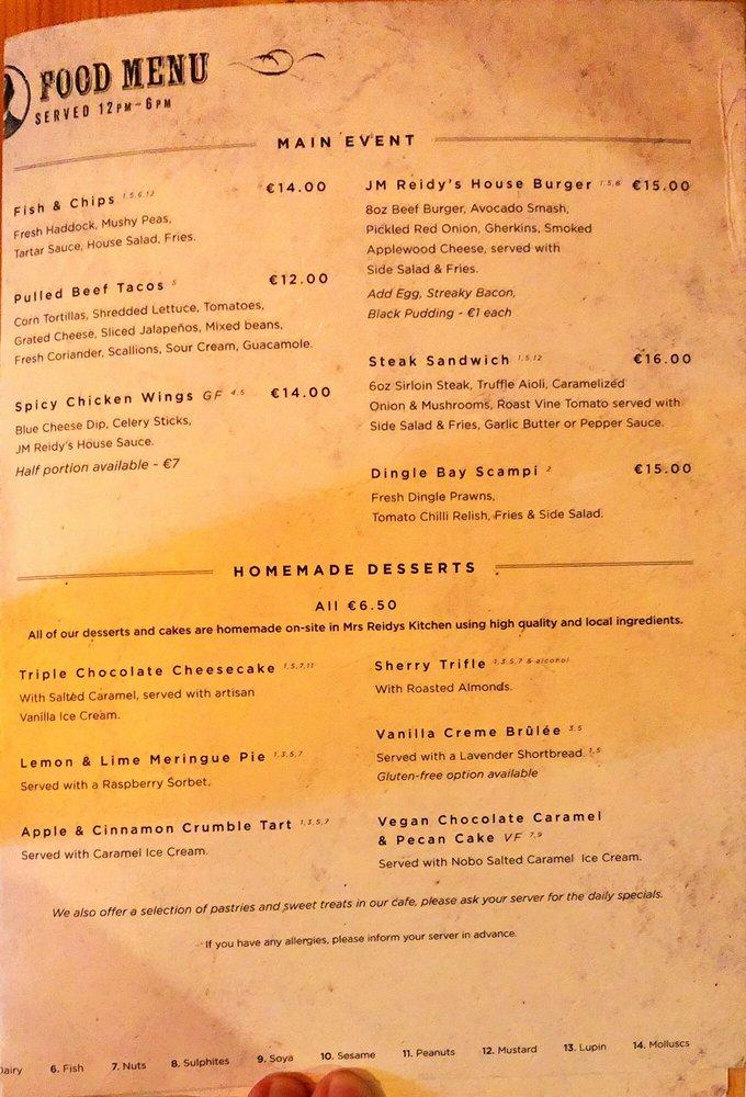 Menu at John M. Reidy pub & bar, Killarney, 4 Main St