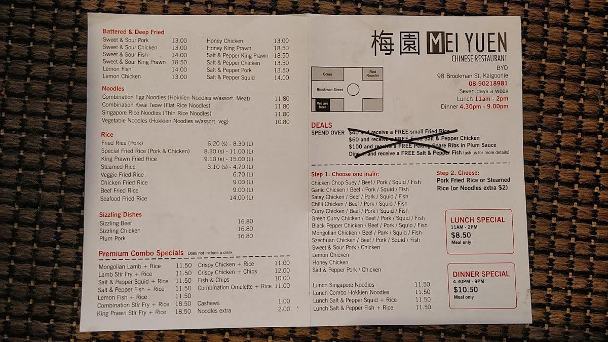 Menu at Mei Yuen Chinese Restaurant, Kalgoorlie