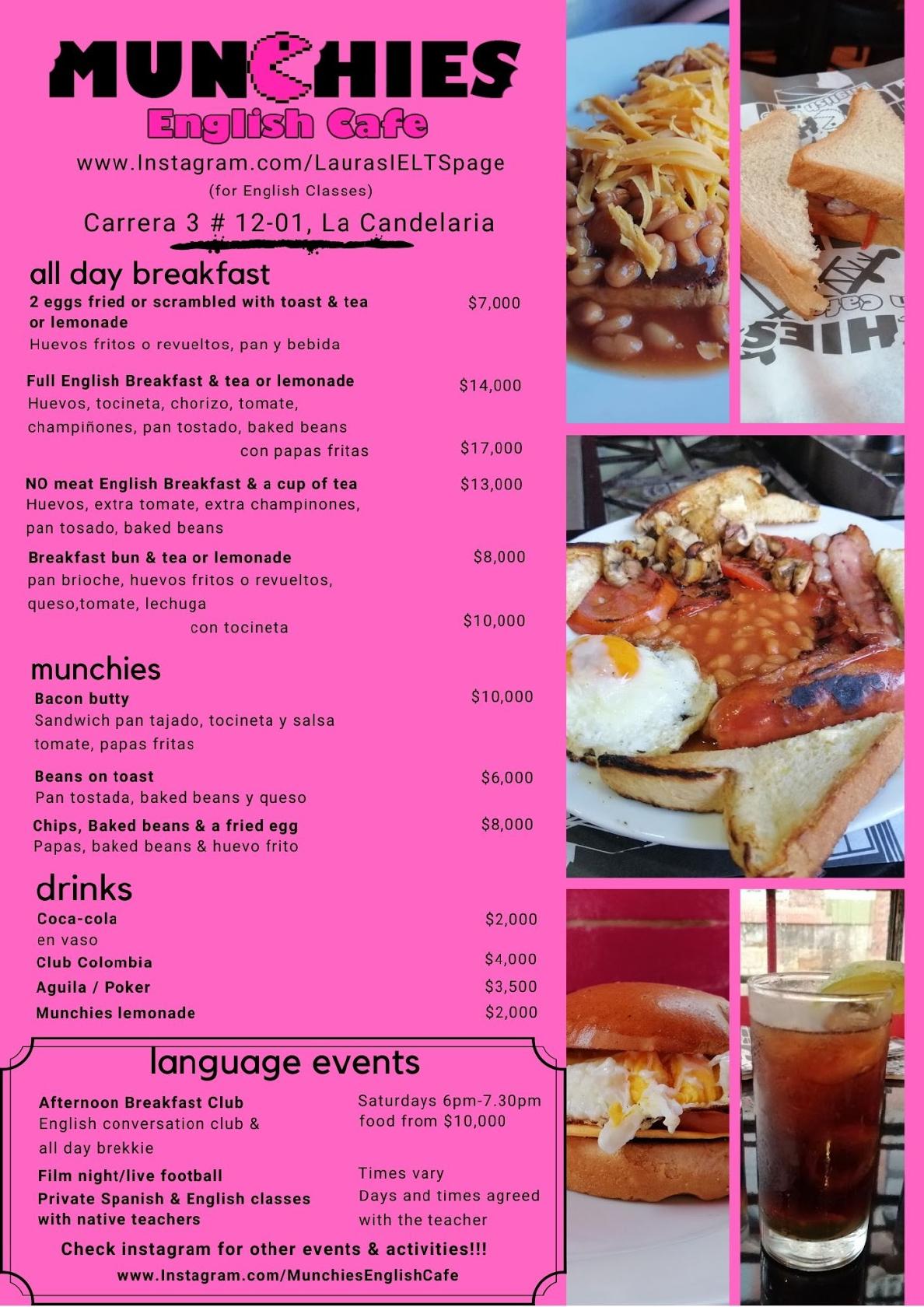 Menu at Munchies English Cafe, Bogotá