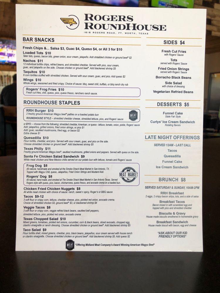 Menu at Rogers Roundhouse pub & bar, Fort Worth