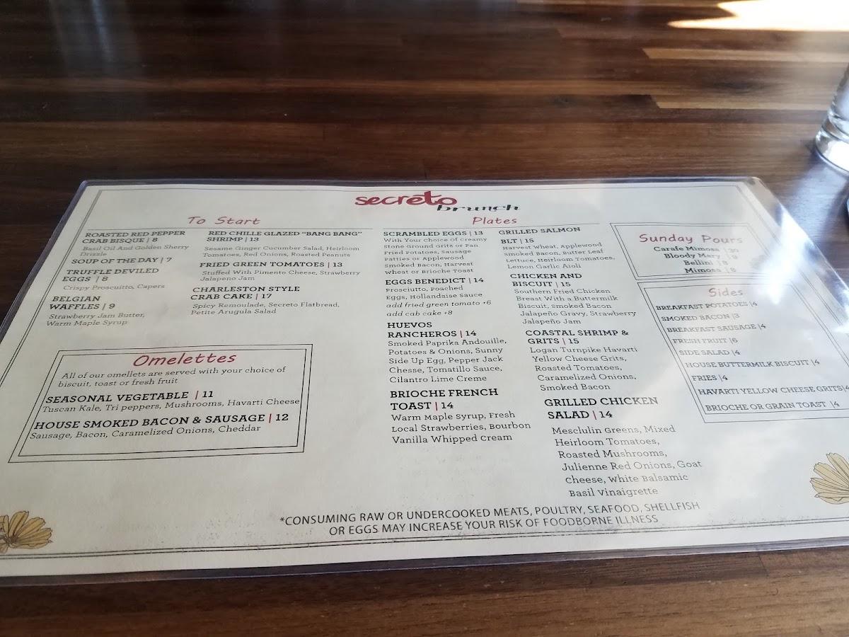 Menu at Secreto Southern Kitchen pub & bar, Brookhaven