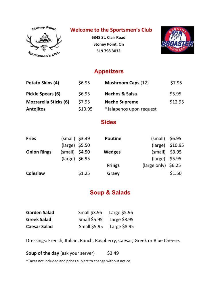 Menu at Stoney Point Sportsmen's Club, Lakeshore