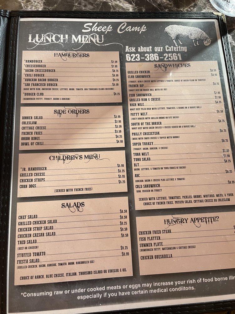 Menu at The Sheep Camp restaurant, Buckeye