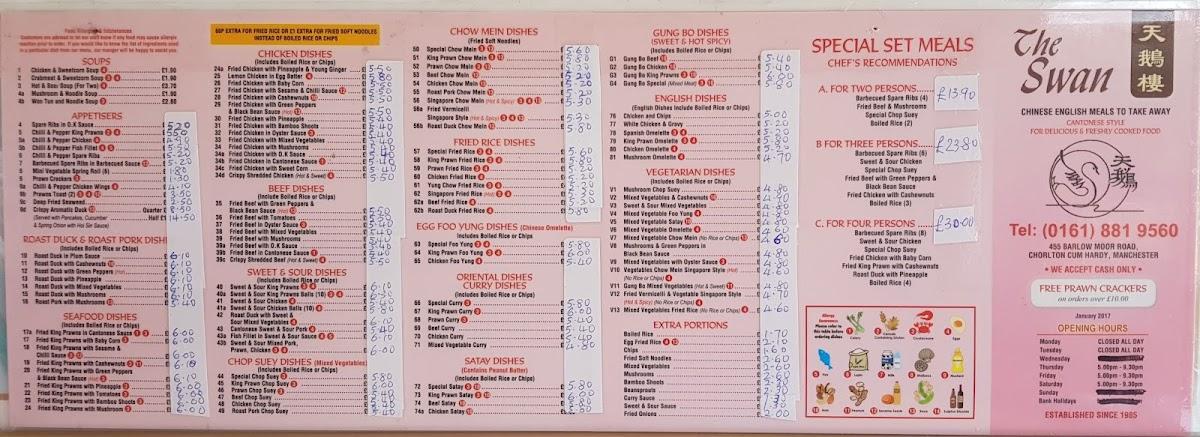 Menu at The Swan Chinese fast food, Manchester
