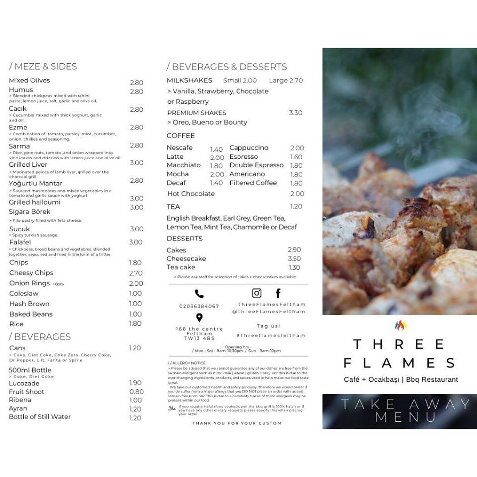 Menu at Three Flames cafe, Feltham