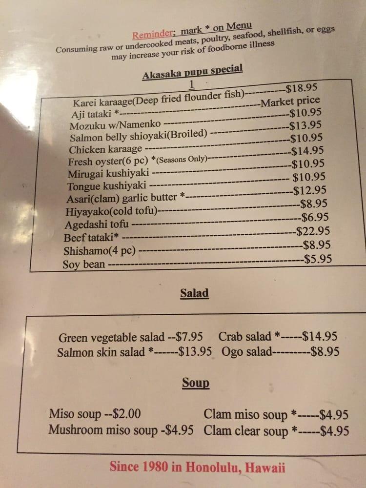 Menu at Akasaka restaurant, Honolulu