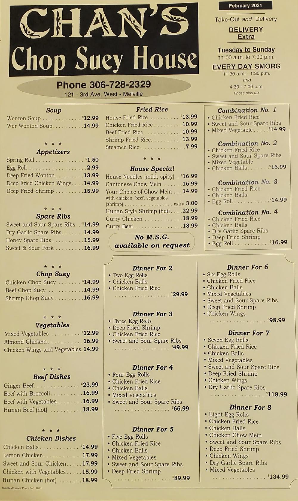 Menu at Chan's Chop Suey House restaurant, Melville