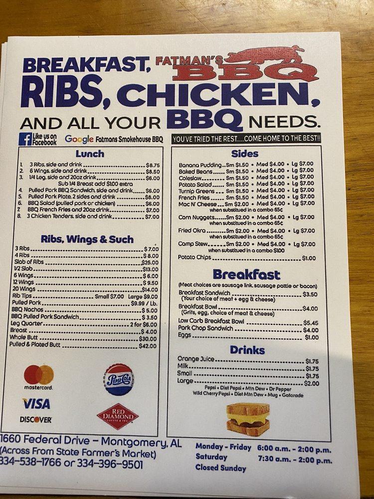 Menu at Fat Man's Smokehouse BBQ, Montgomery, Federal Dr