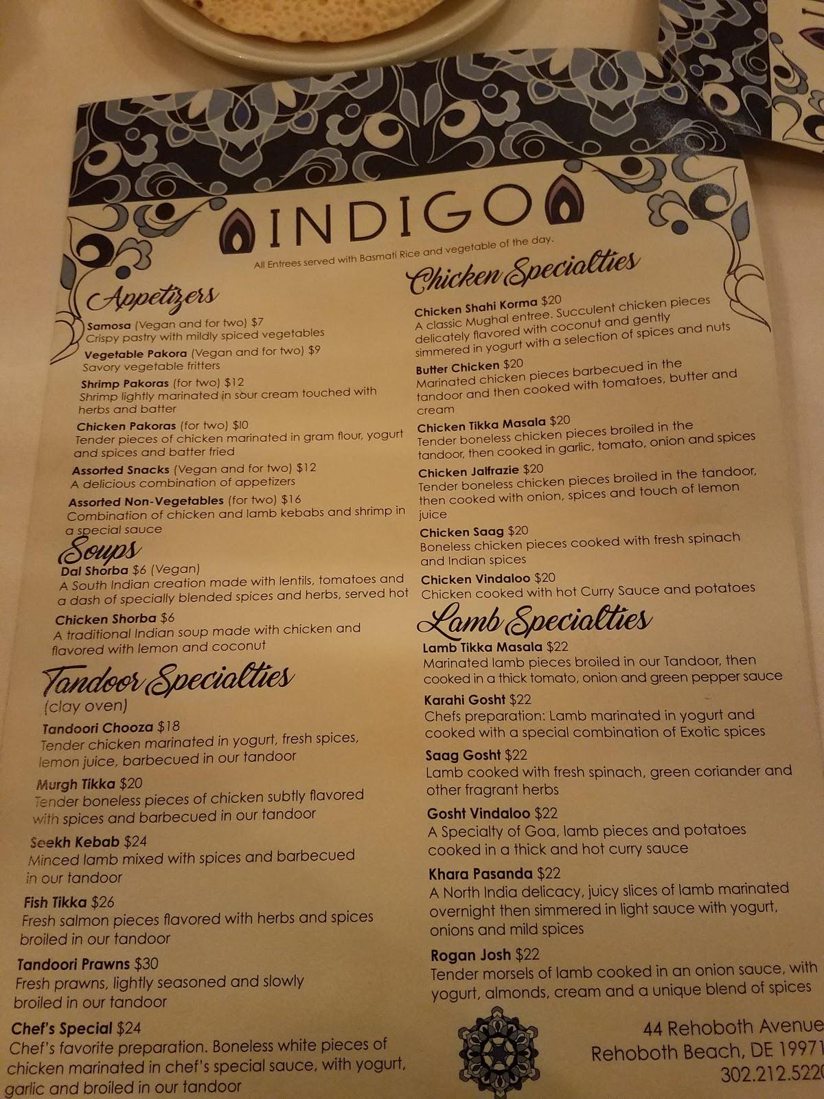 Menu at Indian Rehoboth Indigo Restaurant, Rehoboth Beach