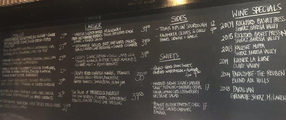 Menu at Peel St restaurant, Adelaide
