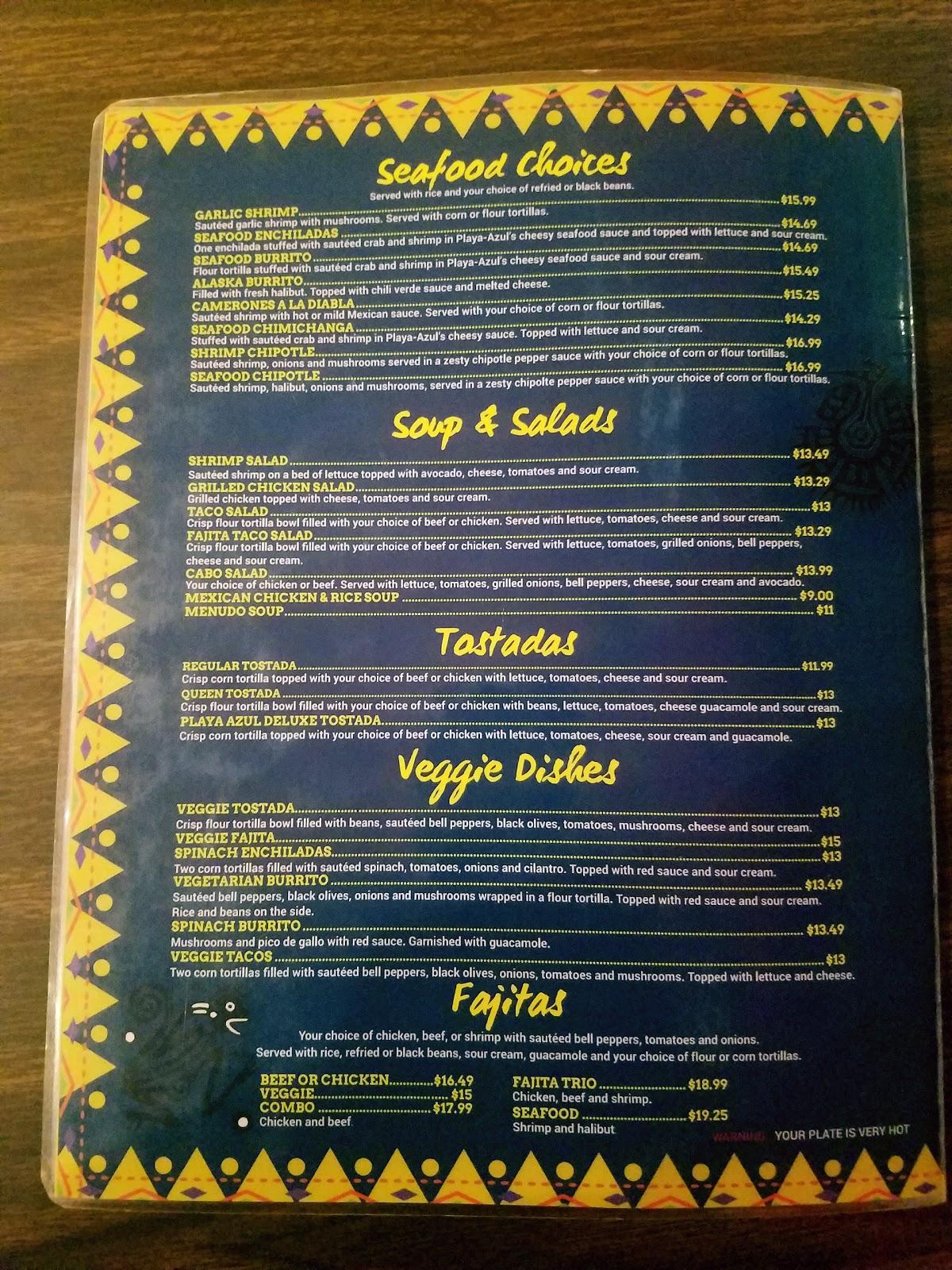 Menu at Playa Azul restaurant, Kenai