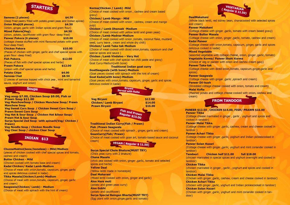 Menu at Surya Indian & Indo Chinese Takeaway restaurant, Auckland