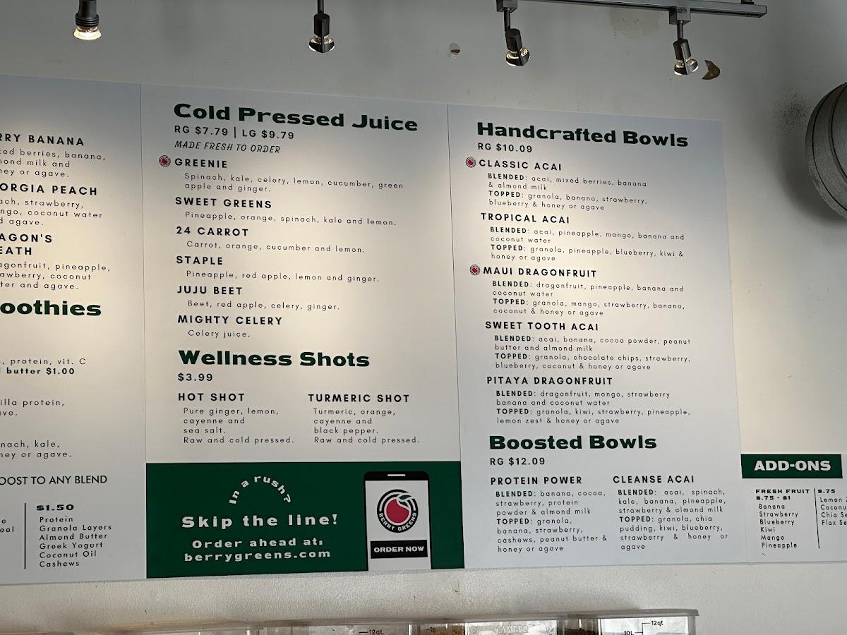 Menu at Berry Greens Juice Bar, Tucson, 943 E University Blvd #185