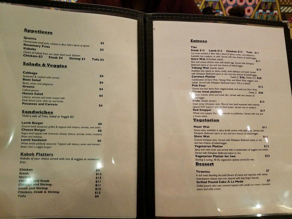 Menu at Blue Nile restaurant, Memphis
