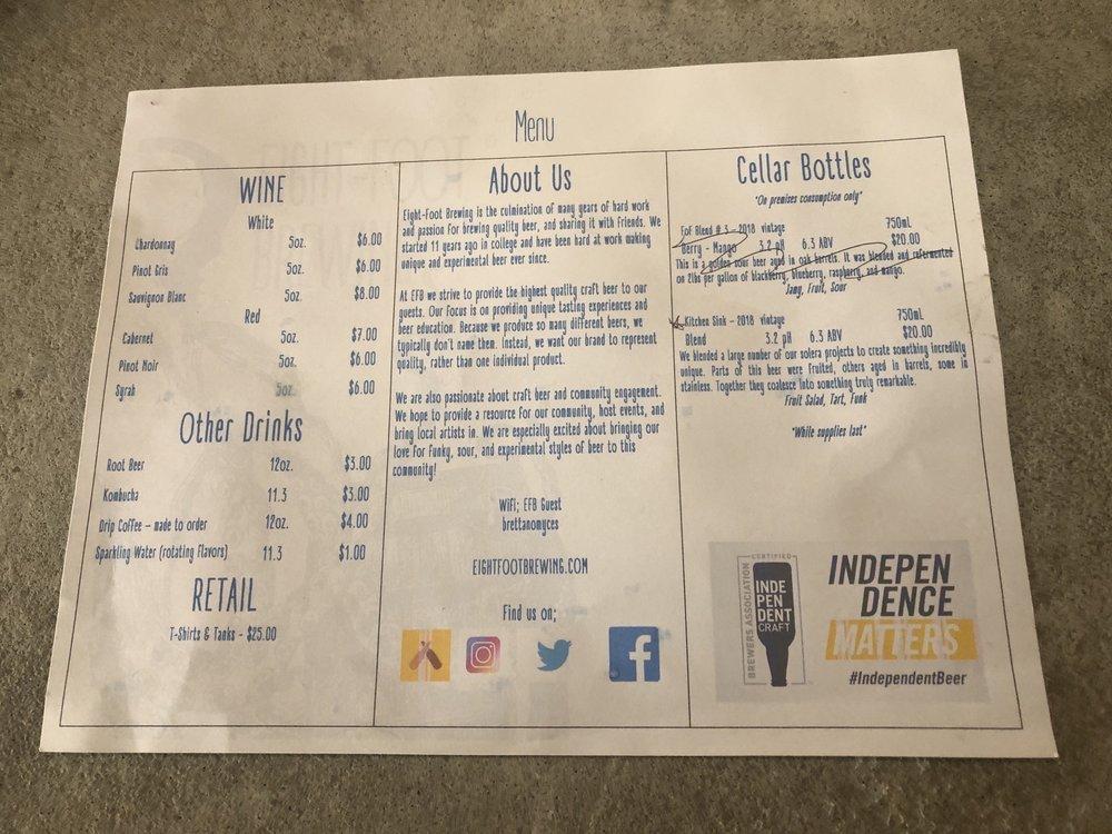 Menu at Eight-Foot Brewing, Cape Coral