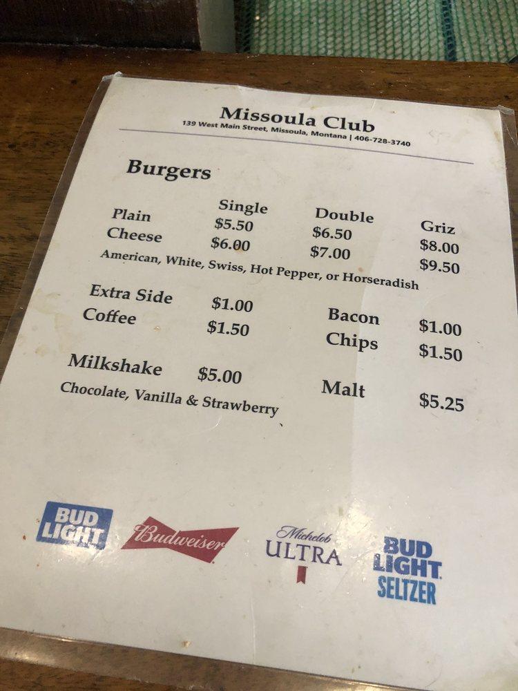 Menu at Missoula Club, Missoula