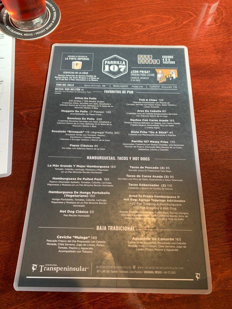 Menu at Parrilla 107, Ensenada