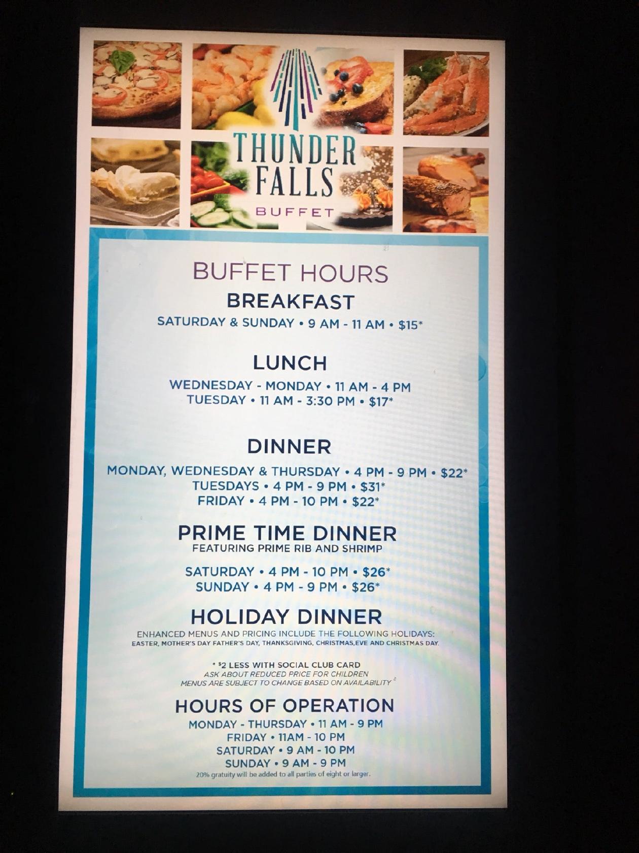 Menu at Thunder Falls Buffet pizzeria, Niagara Falls