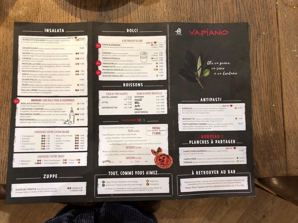 Menu at Vapiano restaurant, Chessy