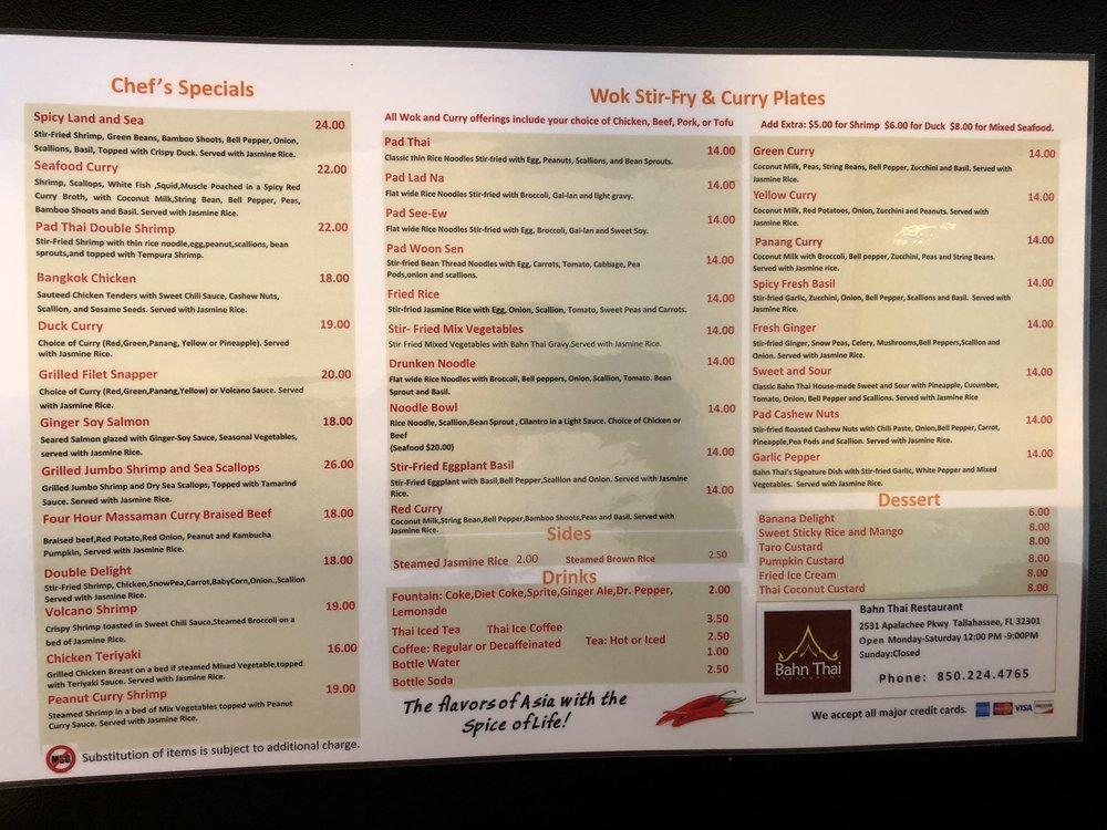 Menu at Bahn Thai Restaurant, Tallahassee