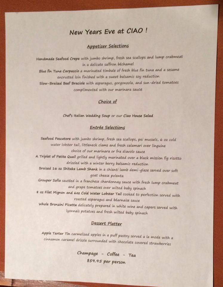 Menu at Ciao italian restaurant, Myrtle Beach