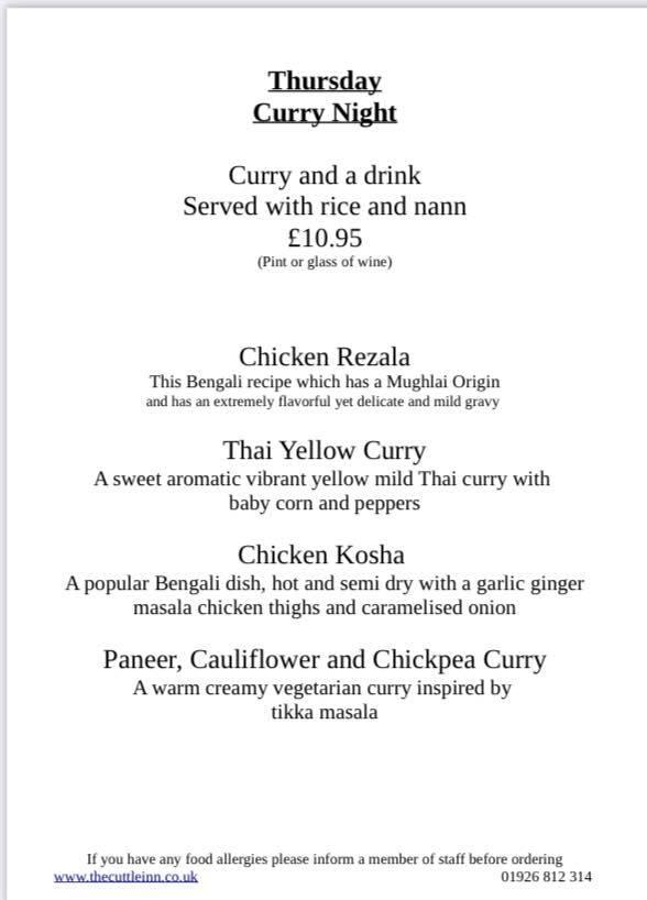 Menu at Cuttle Inn pub & bar, Long Itchington