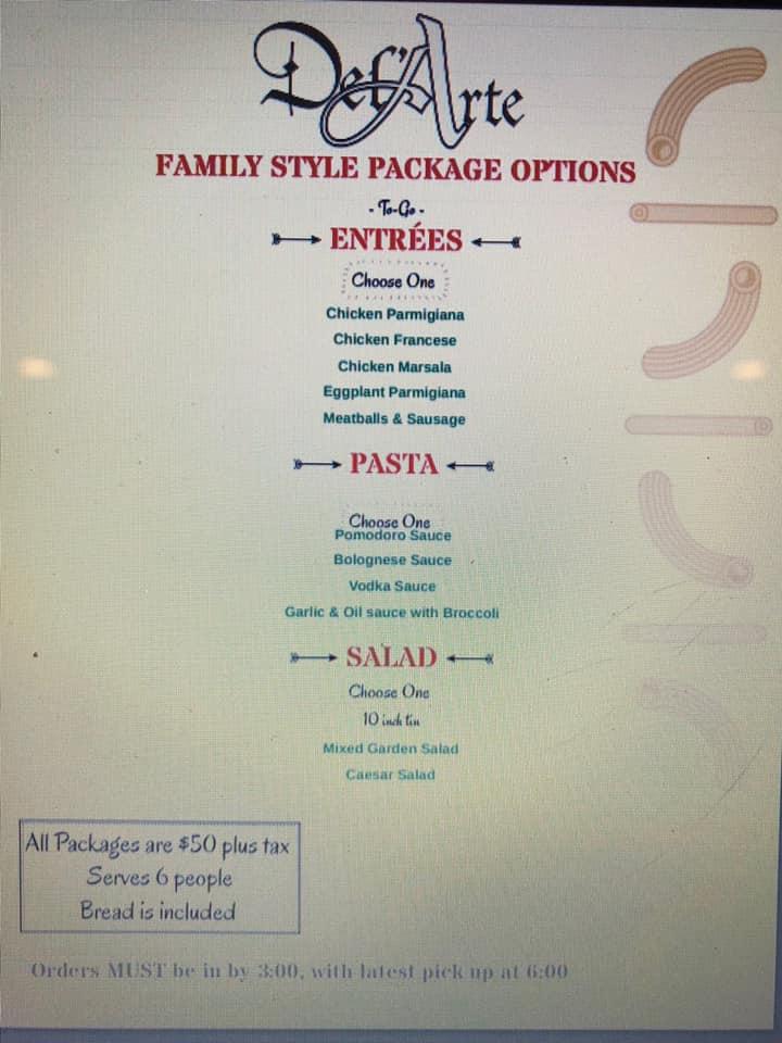 Menu at Del' Arte Restaurant, Orangeburg