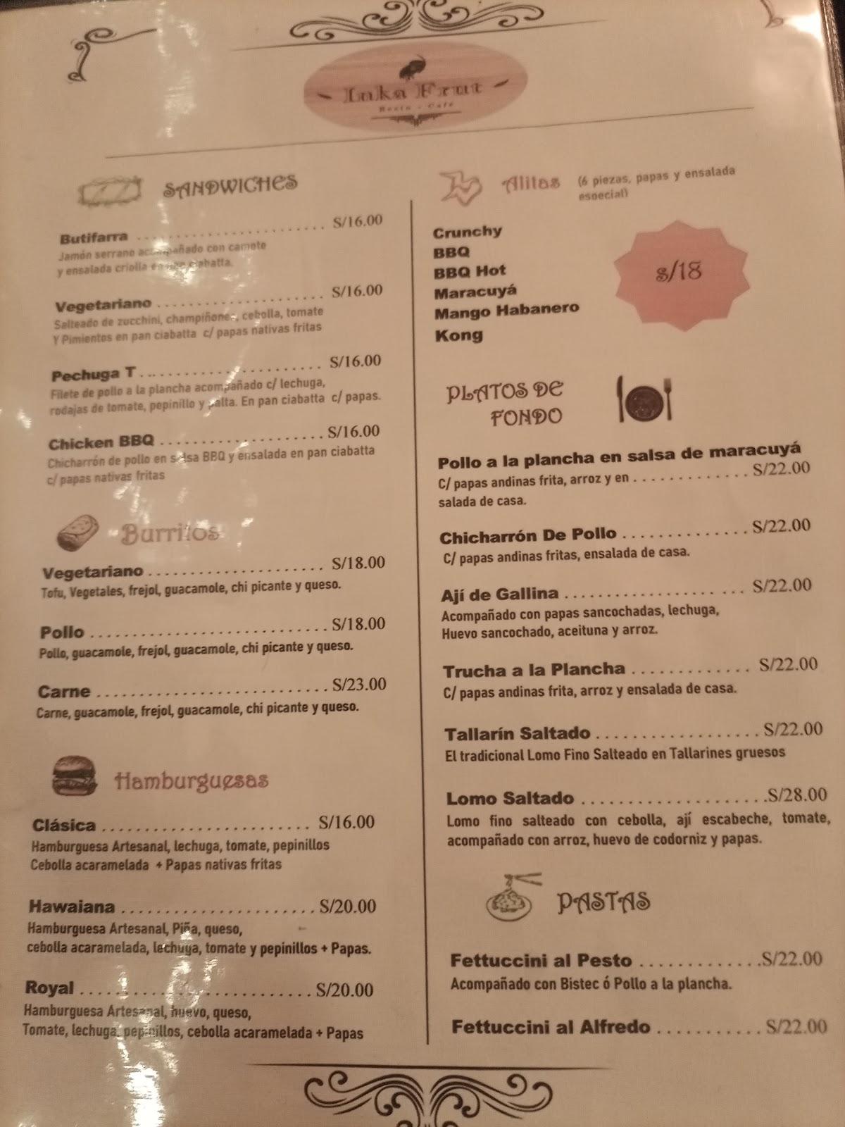 Menu at Inka Frut restaurant, Huaraz