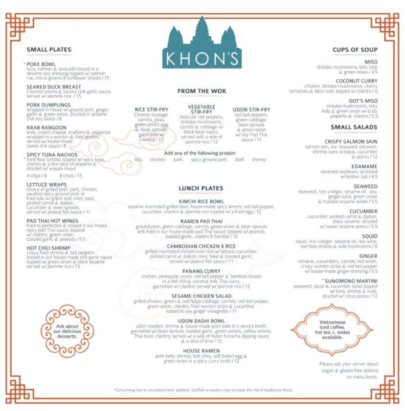 Menu at Khon's on Palafox restaurant, Pensacola