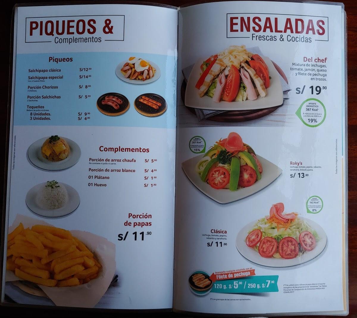 Menu at Polleria Roky's restaurant, Nazca