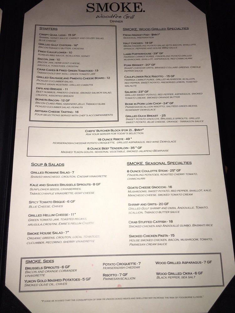 Menu at SMOKE. Woodfire Grill pub & bar, Tulsa