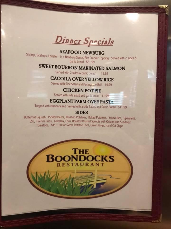 Menu at The Boondocks restaurant, Berkley