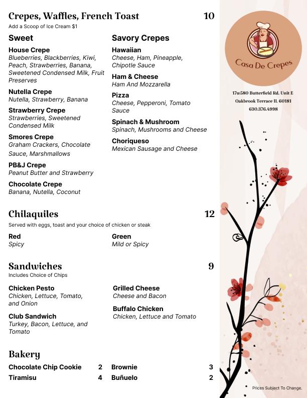 Menu at Casa De Crepes cafe, Oakbrook Terrace