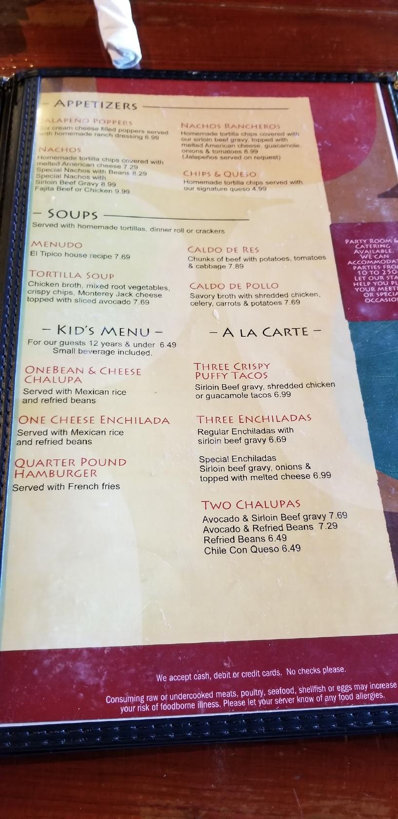 Menu at El Tipico Restaurant, San Antonio, Rigsby Ave