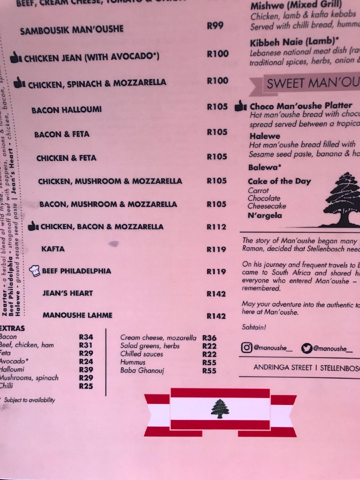 Menu at Man'oushe restaurant, Stellenbosch