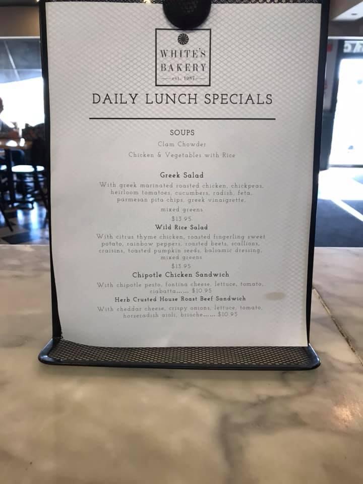 Menu at White's Bakery & Cafe, Brockton