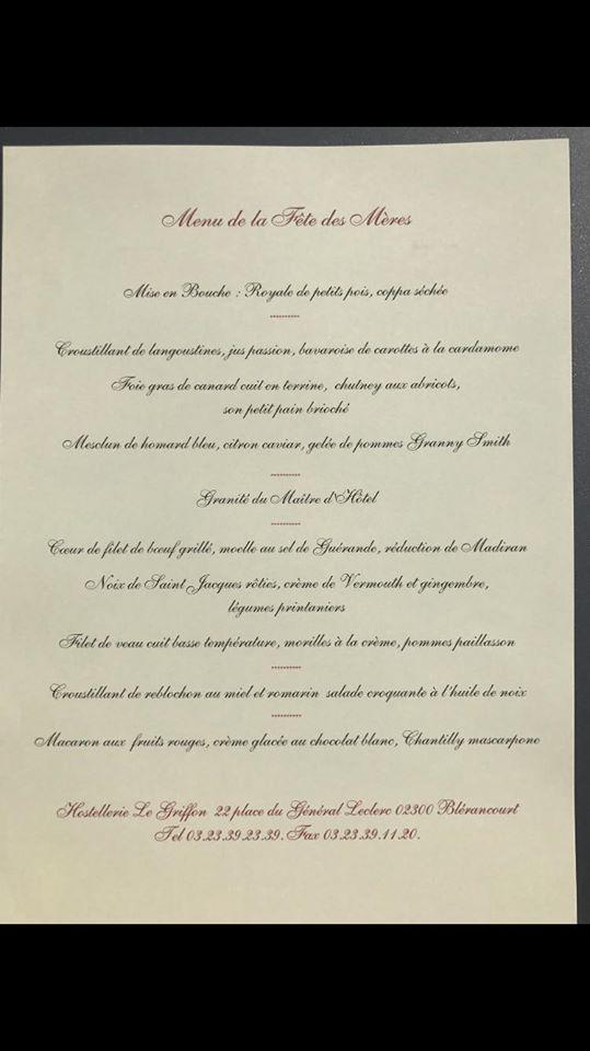 Menu au Hostellerie le Griffon restaurant, Blérancourt