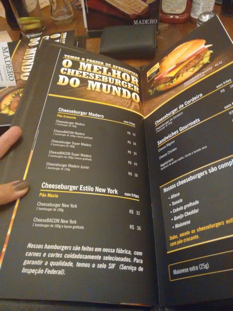 Menu at MADERO steakhouse, Brasília, SCS Loja 619
